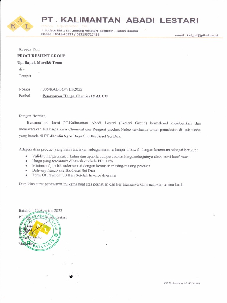 Quot Pricelist Nalco | PDF | Technology & Engineering