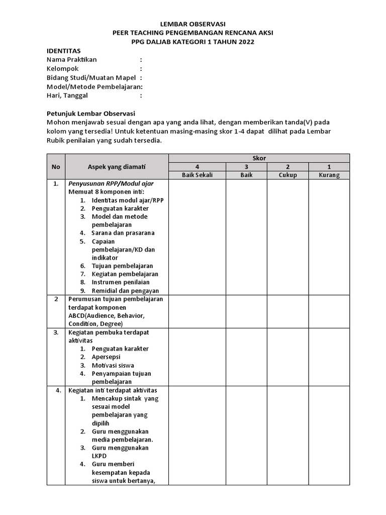 LEMBAR OBSERVASI - Peer Teaching | PDF