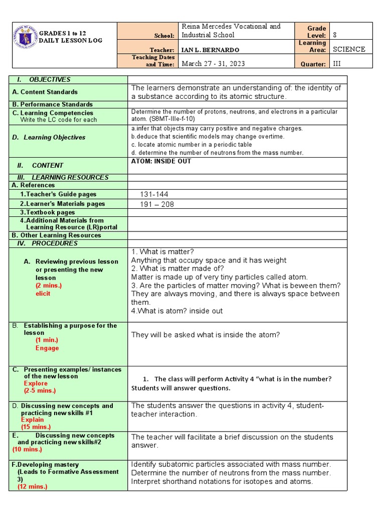 DLL Science 8 Q3 | PDF | Proton | Neutron