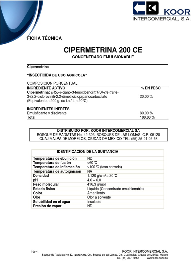 Cipermetrina 200 Ce: Ficha Técnica | PDF | Agua | Contaminación
