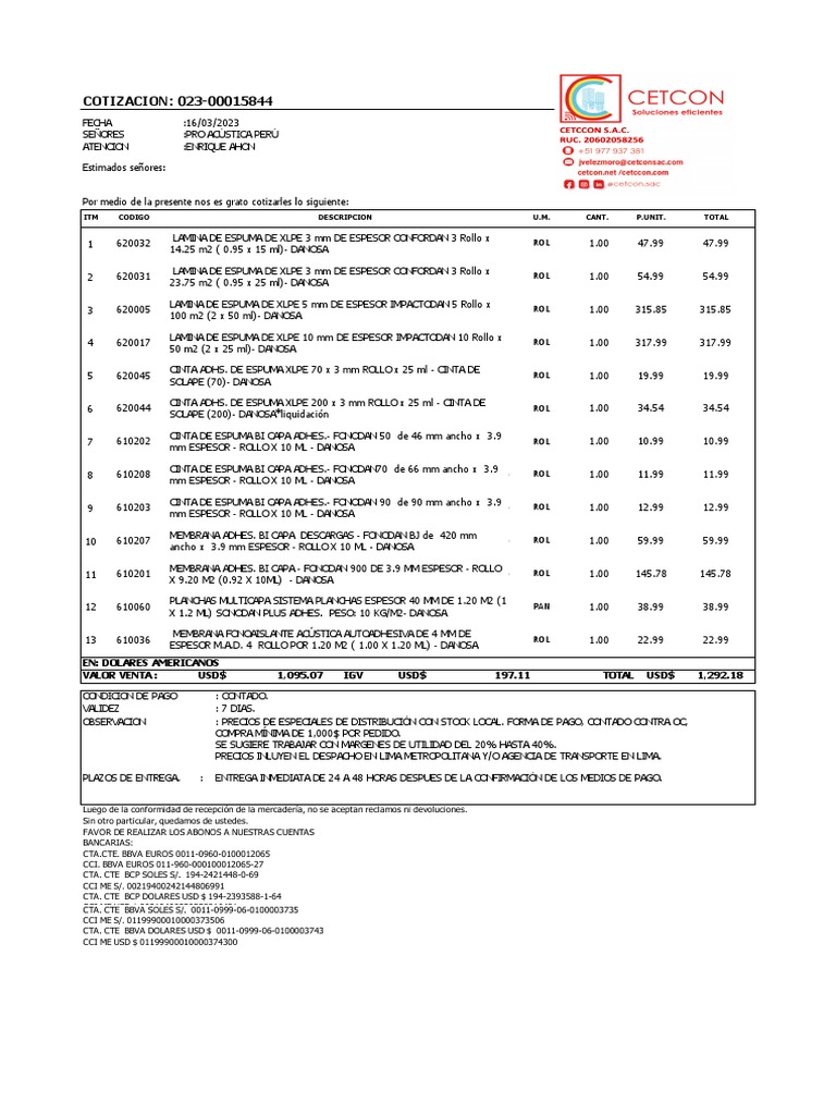 Cetcon Cotizacion 02300015844 | PDF