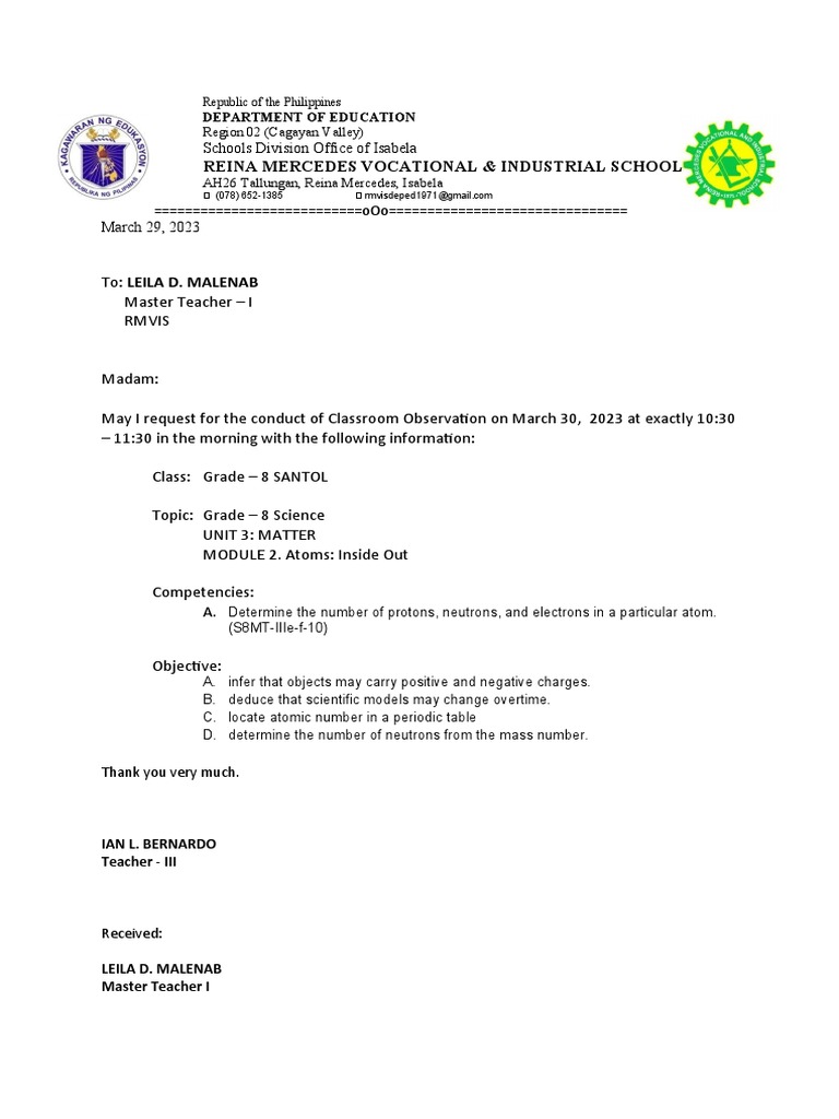 Classroom Observation Request for Grade 8 Science | PDF