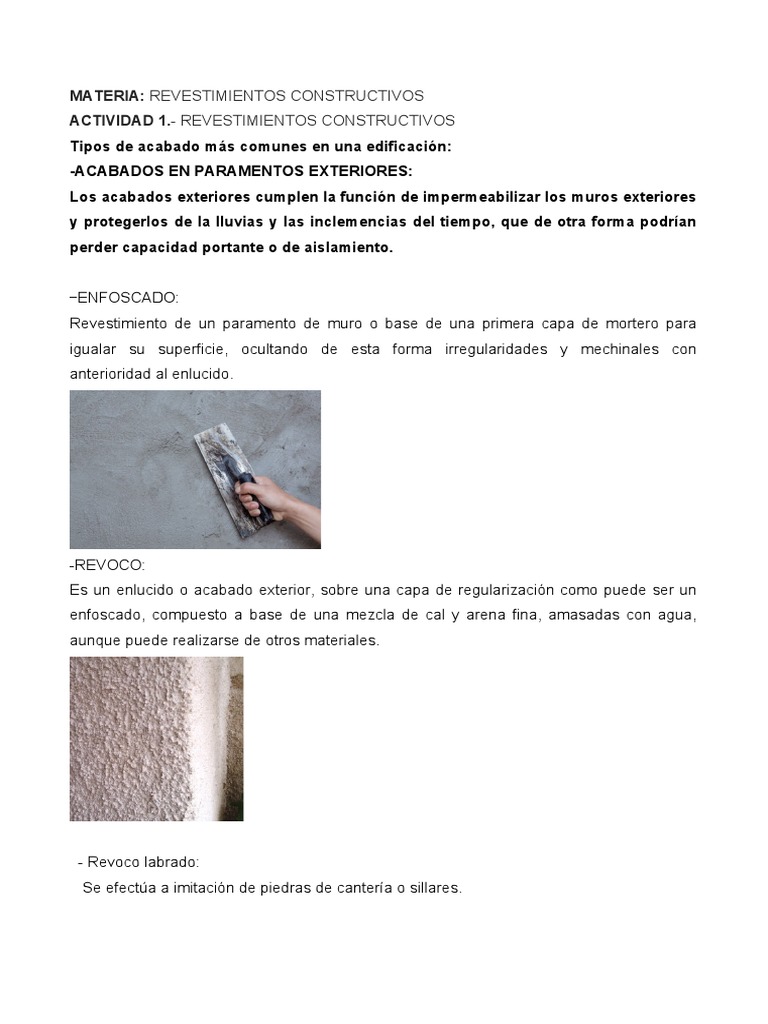 Tipos de Revestimientos Constructivos | PDF | Materiales | Ingeniería de Edificación
