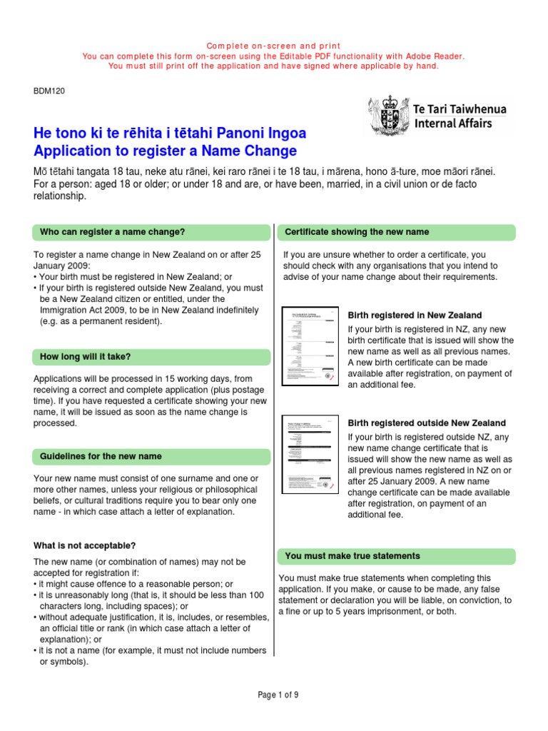 Application To Register A Name Change BDM120 | PDF | Notary Public ...