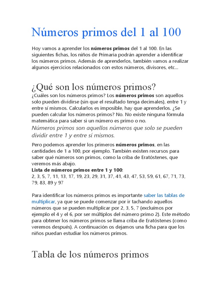 Aprendiendo los números primos del 1 al 100 | PDF | Número primo ...