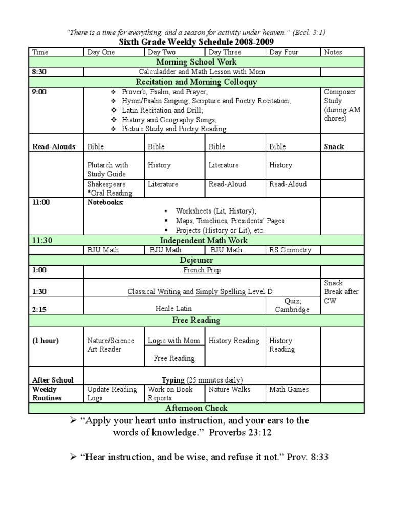 Sixth Grade Schedule | PDF