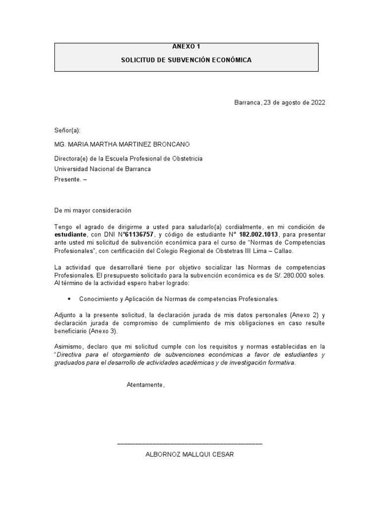 Solicitud de subvención económica para el curso Solicitud de subvención económica para el curso