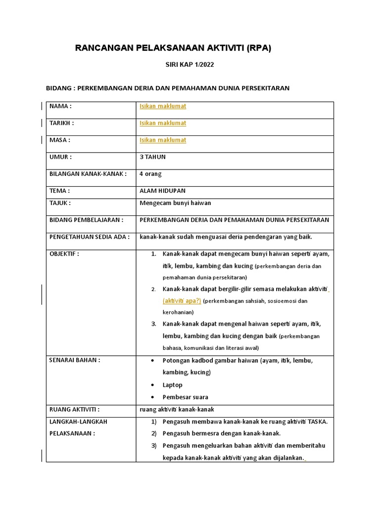 Rancangan Pelaksanaan Aktiviti (Rpa) : Bidang: Perkembangan Deria Dan ...
