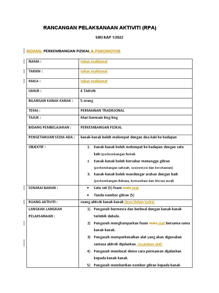 Rancangan Pelaksanaan Aktiviti (Rpa) : Perkembangan Fizikal | PDF