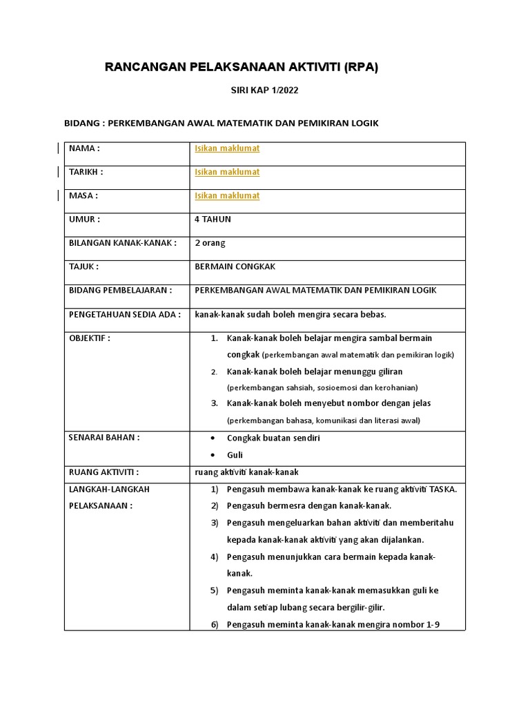 Rancangan Pelaksanaan Aktiviti (Rpa) : Bidang: Perkembangan Awal ...