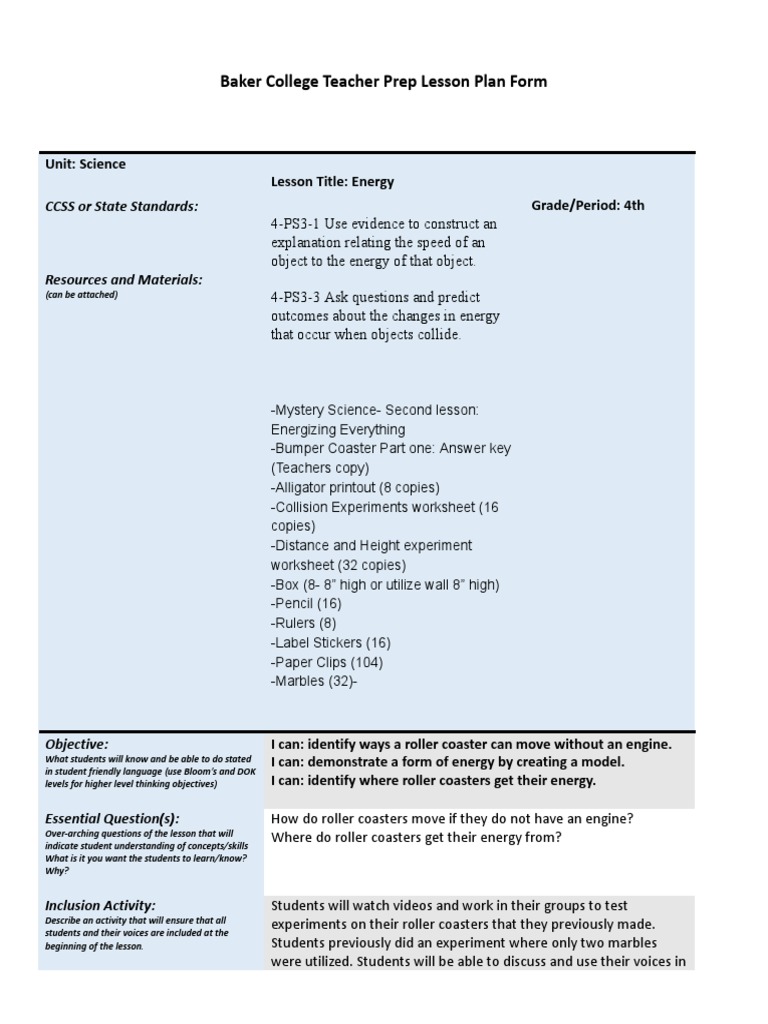 4th Grade Science Energy Lesson Plan | PDF | Pedagogy | Cognition