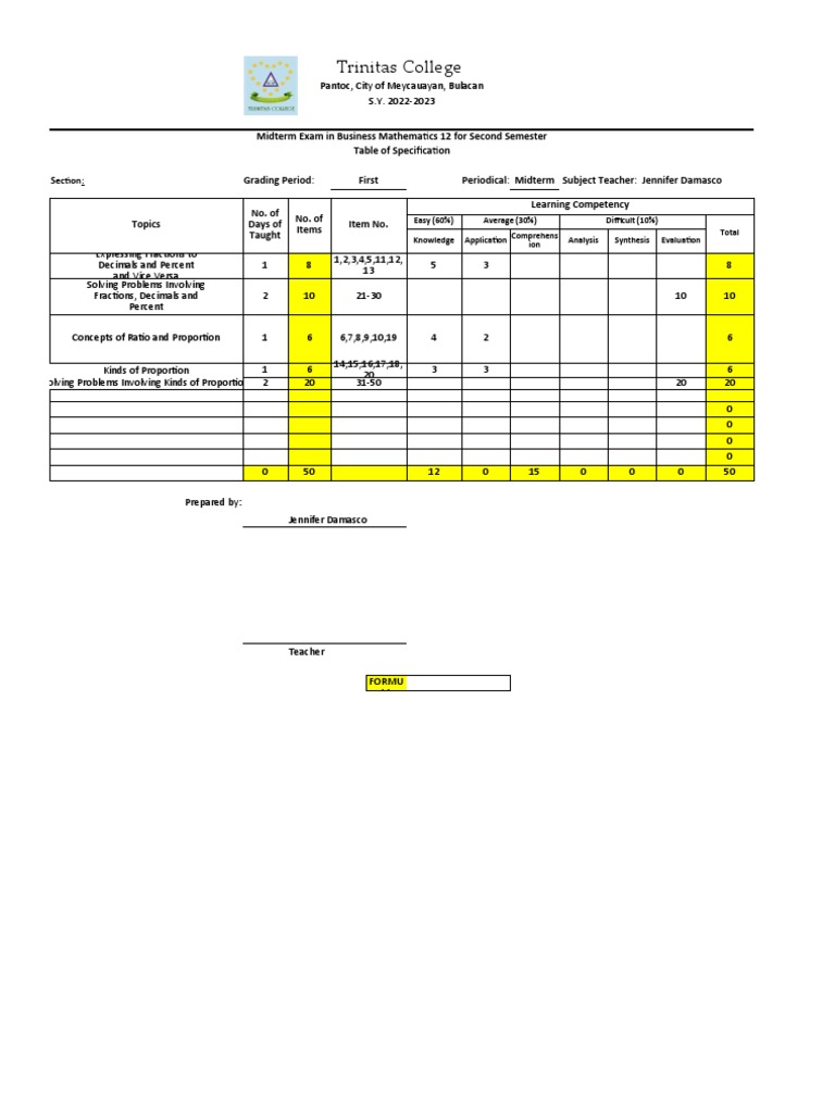 Midterm Tos (Bus Math) | PDF | Mathematics | Science