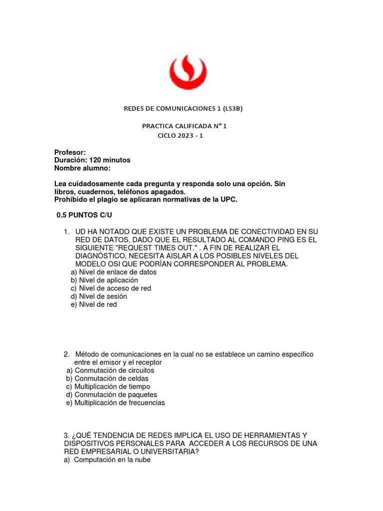 Redes de Comunicaciones 1 (Ls3B) Practica Calificada #1 CICLO 2023 - 1 | PDF | Red de ...