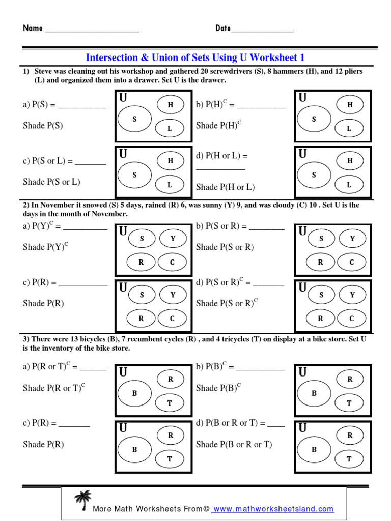 Intersection & Union of Sets Using U Worksheet 1 | PDF | Human Powered ...