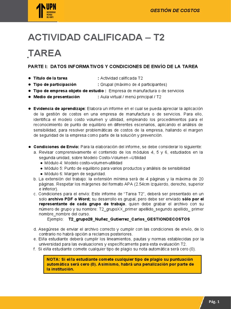 Actividad Calificada - T2 Tarea: Parte I: Datos Informativos Y Condiciones de Envío de La Tarea ...