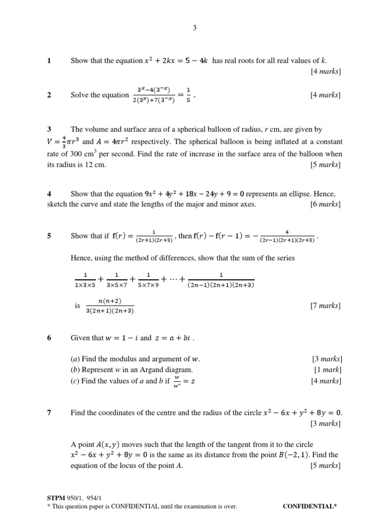 STPM 950/1 Mathematics Exam Questions | PDF