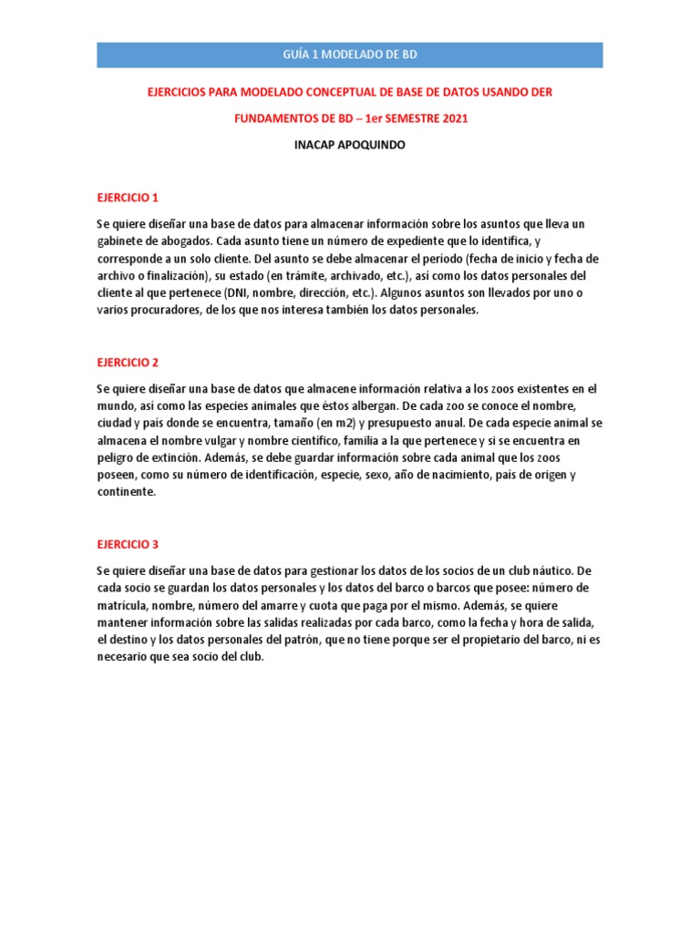EJERCICIOS PARA MODELADO CONCEPTUAL DE BASE DE DATOS USANDO DER | PDF