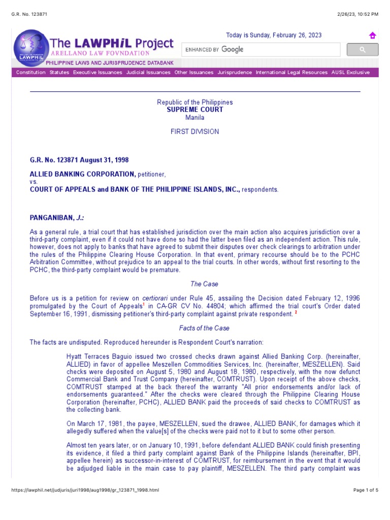ALLIED BANK CORP. V BPI G.R. No. 123871 | PDF | Complaint | Arbitration