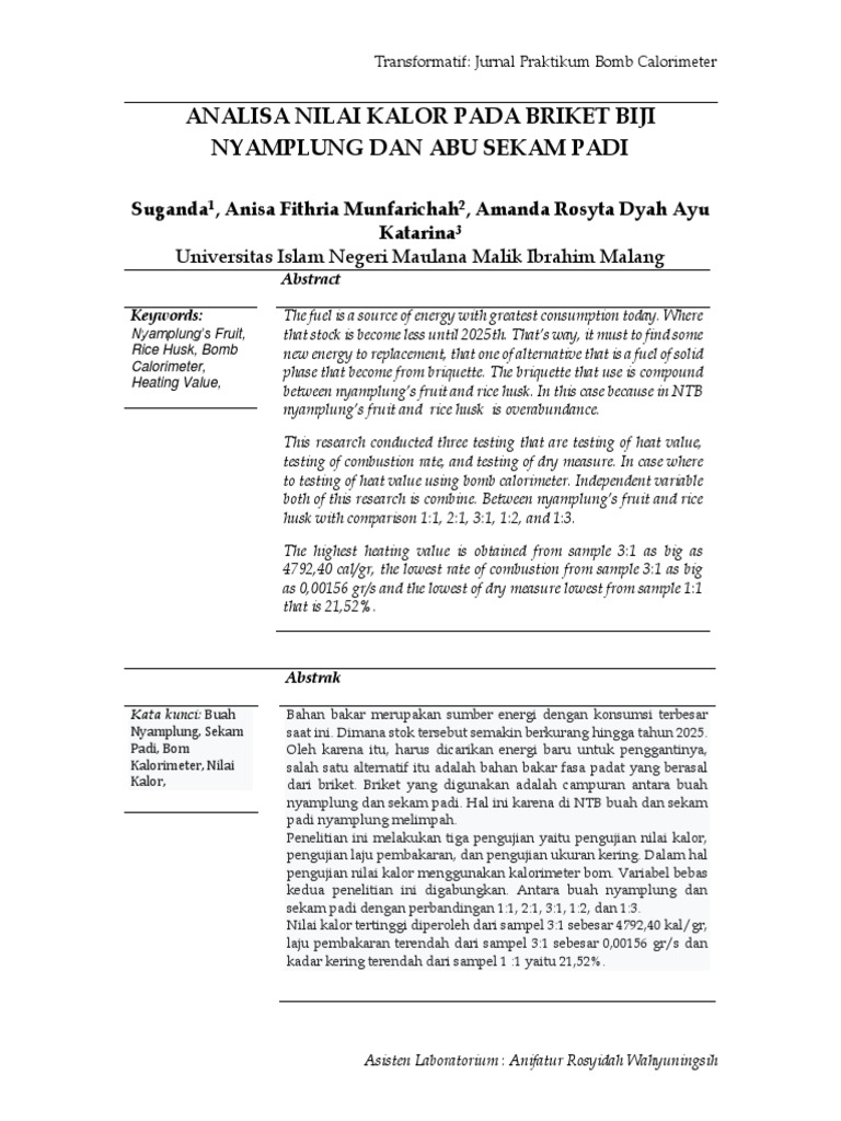 Analisa Nilai Kalor Pada Briket Biji Nyamplung Dan Abu Sekam Padi | PDF ...