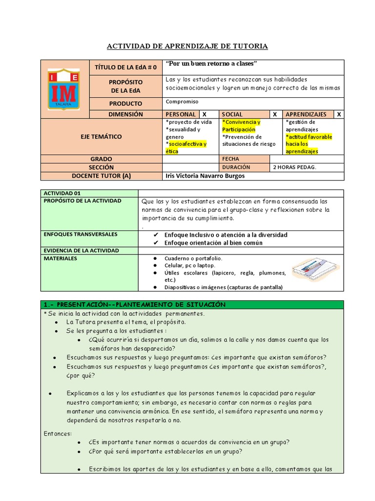 Actividad Tutoria | PDF | Salón de clases | Tolerancia