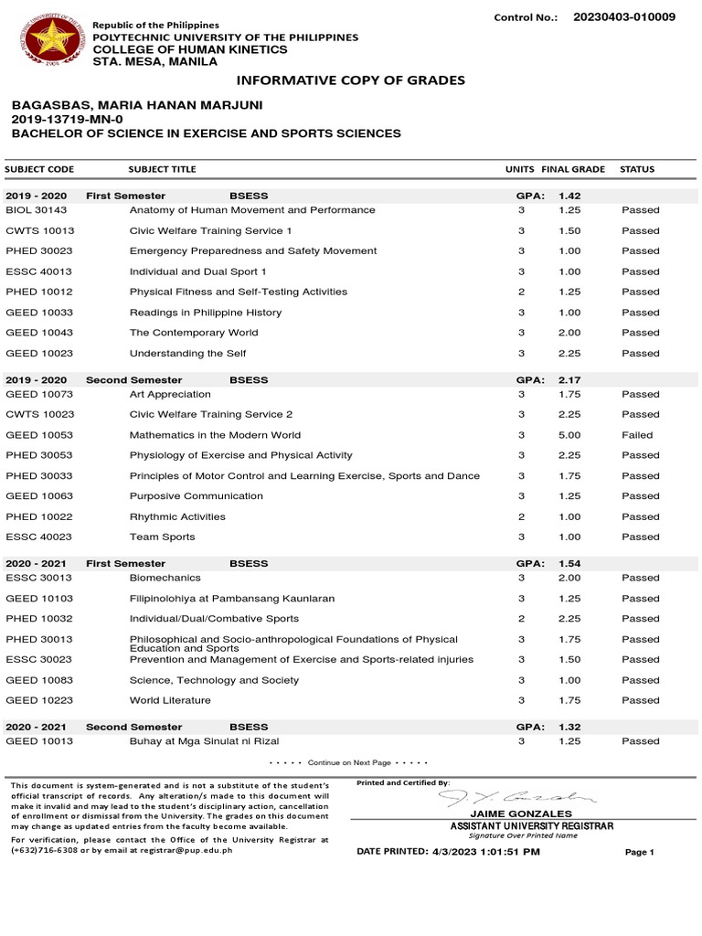 Informative Copy of Grades: Bagasbas, Maria Hanan Marjuni 2019-13719-MN ...