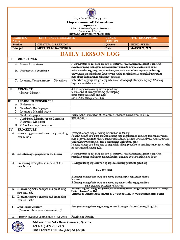 Daily Lesson Log: Department of Education | PDF