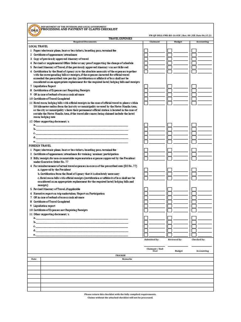 Processing and Payment of Claims Checklist: Travel Expenses Local ...