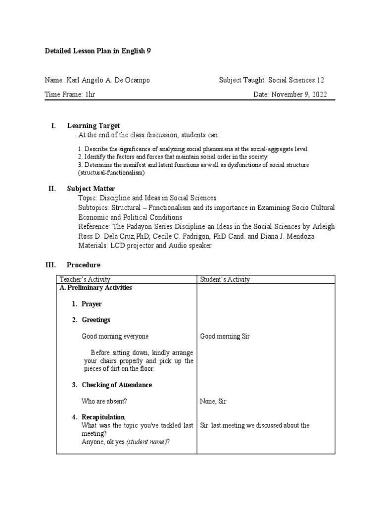 Detailed Lesson Plan in English 9: A. Preliminary Activities 1. Prayer ...