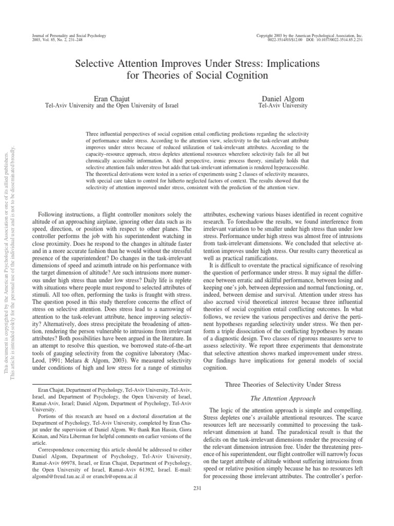 Selective Attention Improves Under Stress: Implications For Theories of Social Cognition | PDF ...