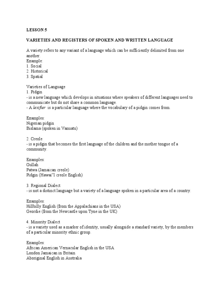 Lesson 5 Varieties and Registers of Spoken and Written Language | PDF ...