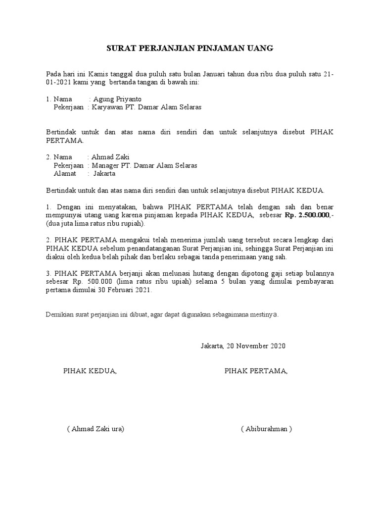 Surat Perjanjian Pinjaman Uang | PDF