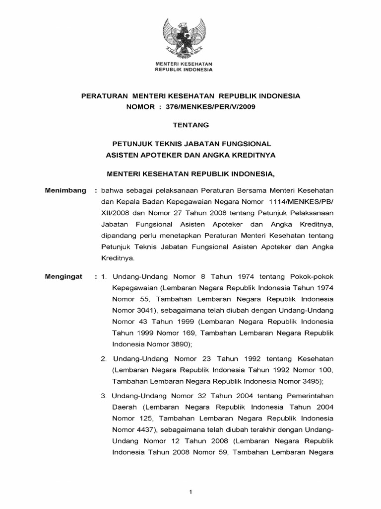Perkemenkes No 376 Menkes Per V 2009 Tentang Petunjuk Tenis Asisten Apoteker Dan Angka Kreditnya ...