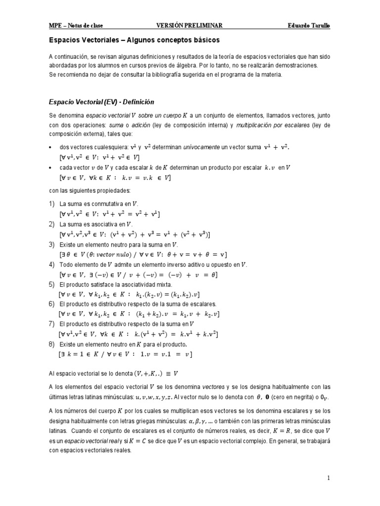 MPE - Espacios Vectoriales Conceptos Básicos - NC PRELIMINAR2 (2020-08) | PDF | Espacio ...