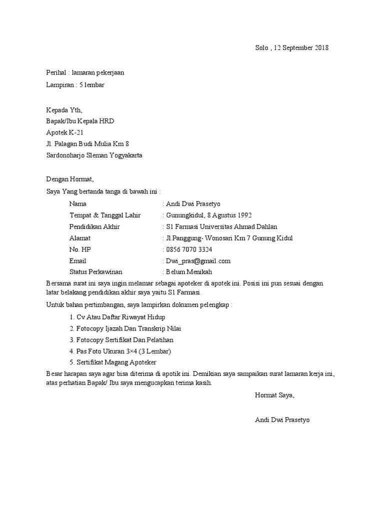 Contoh Surat Lamaran Kerja Apoteker Pdf