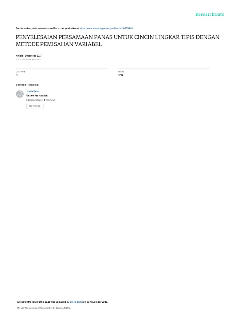 Penyelesaian Persamaan Panas Untuk Cincin Lingkar Tipis Dengan Metode Pemisahan Variabel | PDF
