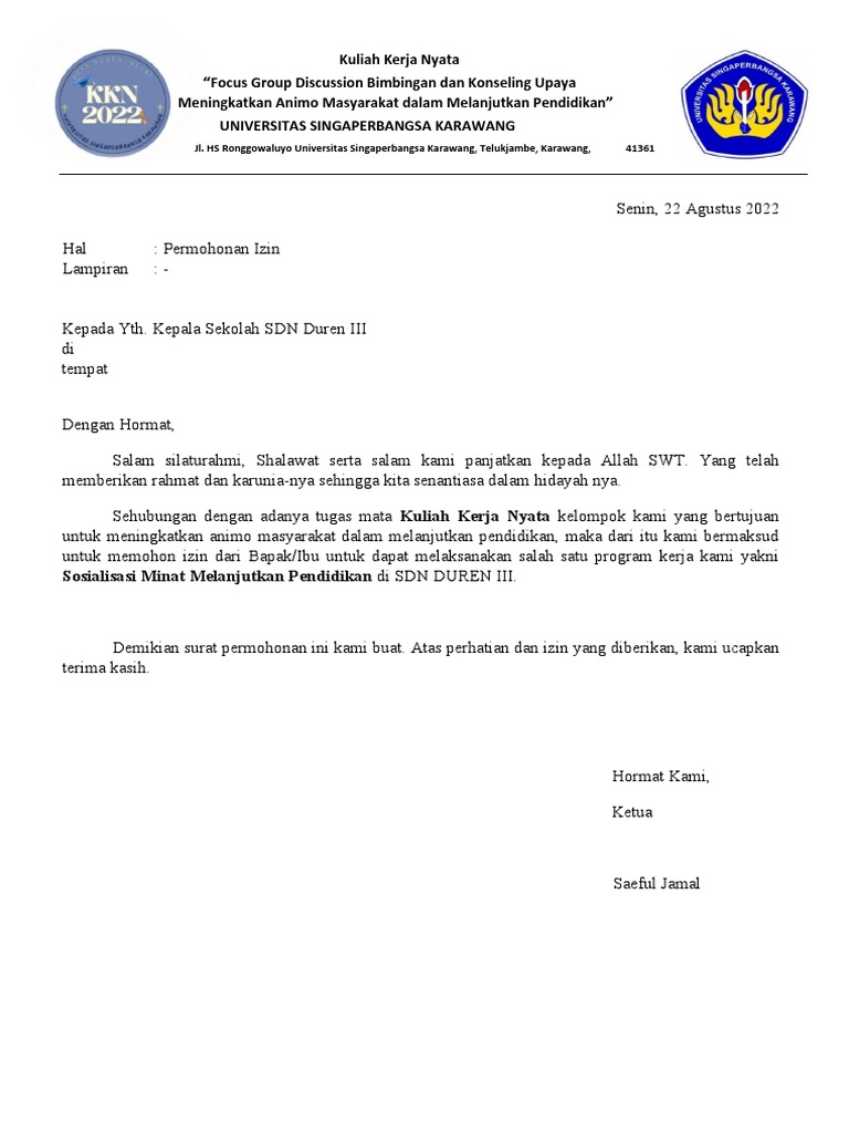 Surat Izin Sekolah (KKN) | PDF