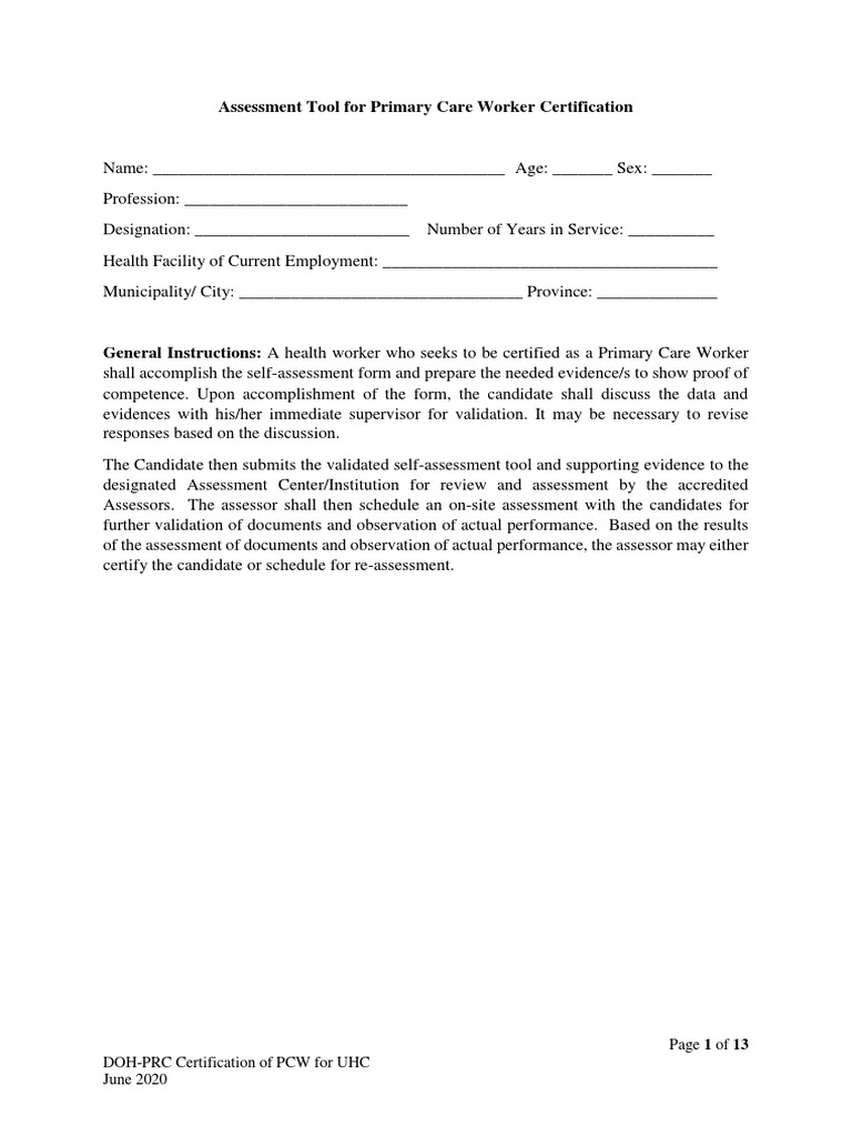 Assessment Tool - PCW Certification | PDF | Medical Record | Physical ...