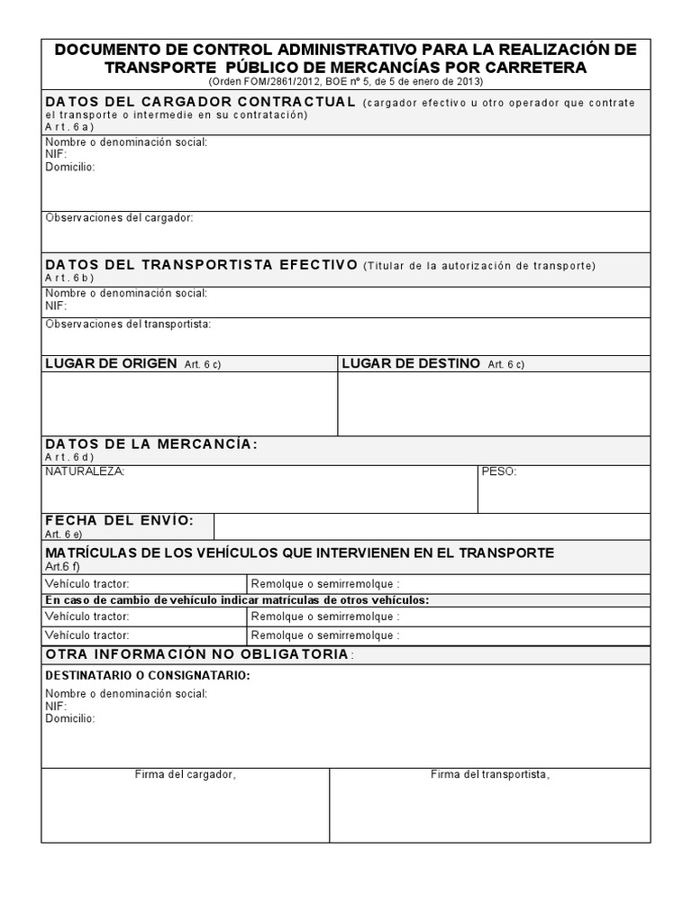 Documento de Control Administrativo para La Realización de Transporte Público de Mercancías Por ...