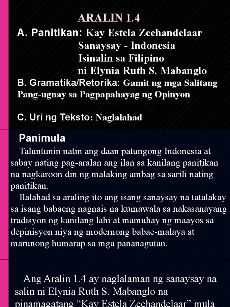 Aralin 1.4 Sanaysay-Kay Estella Zeehandelaar | PDF