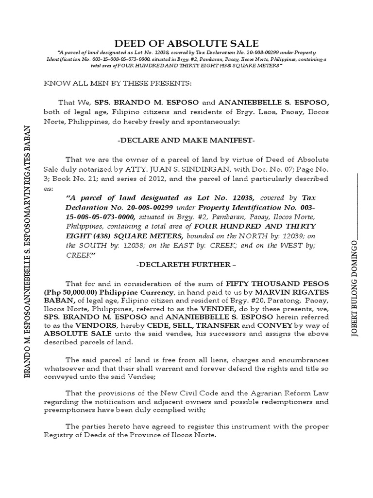Deed of Adjudication With Absolute Sale - Brando M. Esposo | PDF | Private Law | Real Property Law
