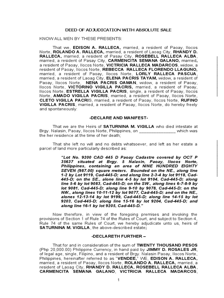 DEED OF ADJUDICATION WITH ABSOLUTE SALE - Vigilla | PDF | Civil Law ...