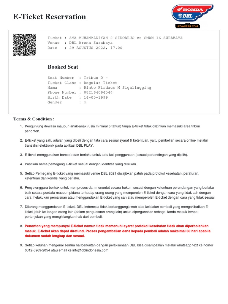E-Ticket Reservation: Booked Seat | PDF