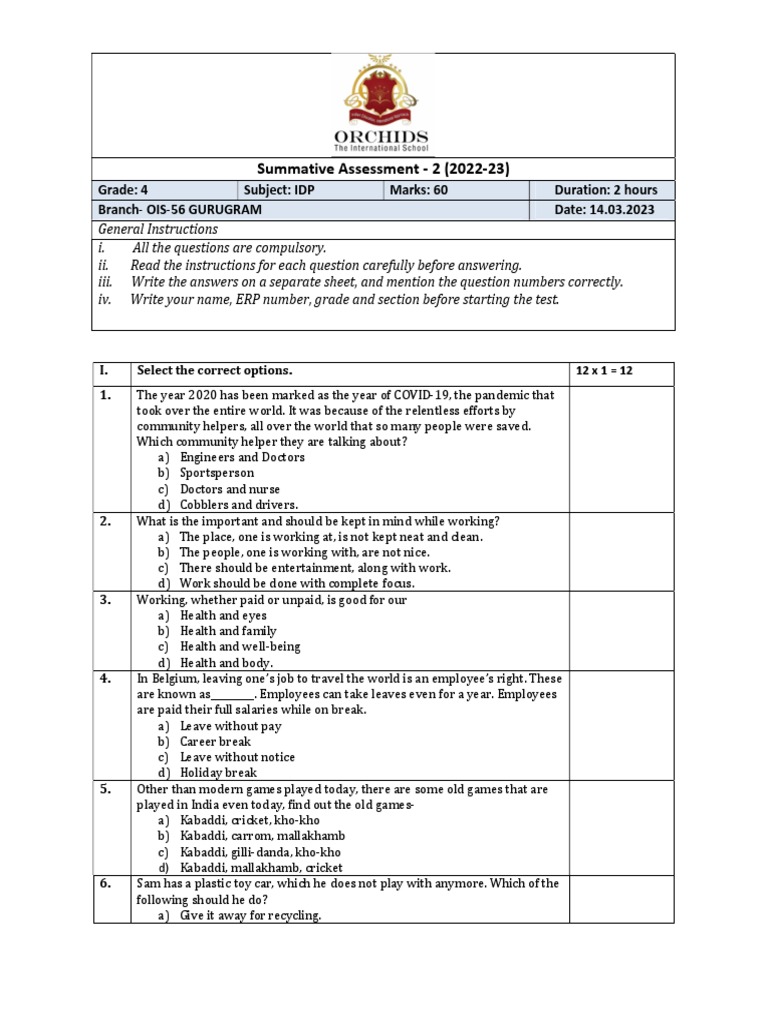 Grade-4 Idp Sample Paper - 1 | PDF | Waste | Waste Management