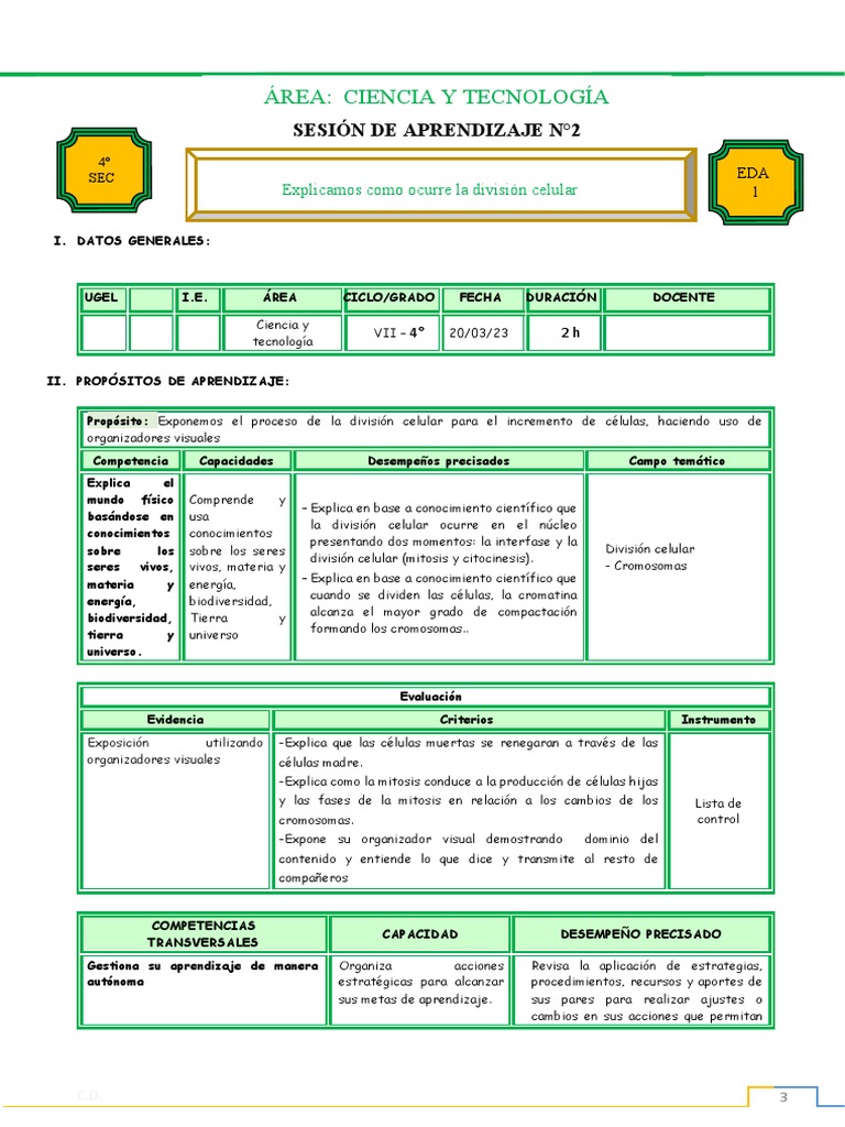 4° SESIÓN DE APRENDIZAJE SESIÓN2 -SEM.1-EXP.1-CyT | PDF | Aprendizaje | Mitosis