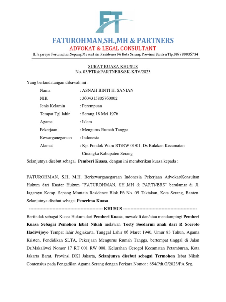 Surat Kuasa Khusus untuk Mewakili Pemohon Isbat Nikah di Pengadilan ...