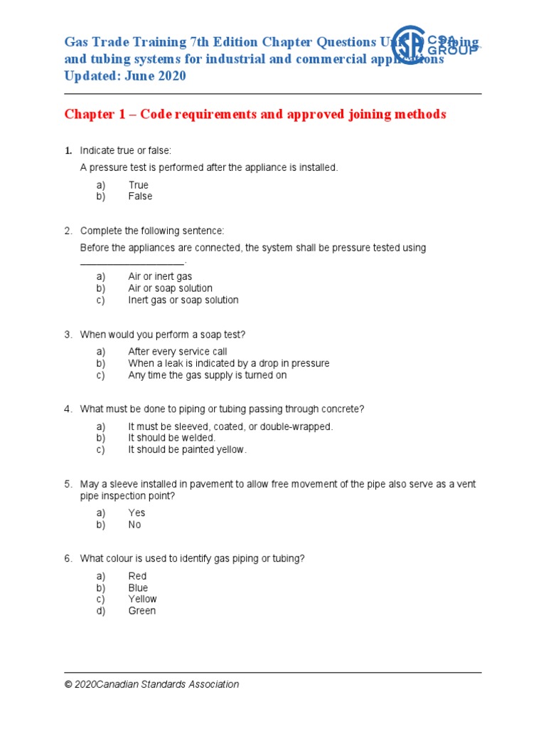 CSA GasTrade-Ed7 Quiz U10-Ch1 | PDF | Pipe (Fluid Conveyance) | Valve