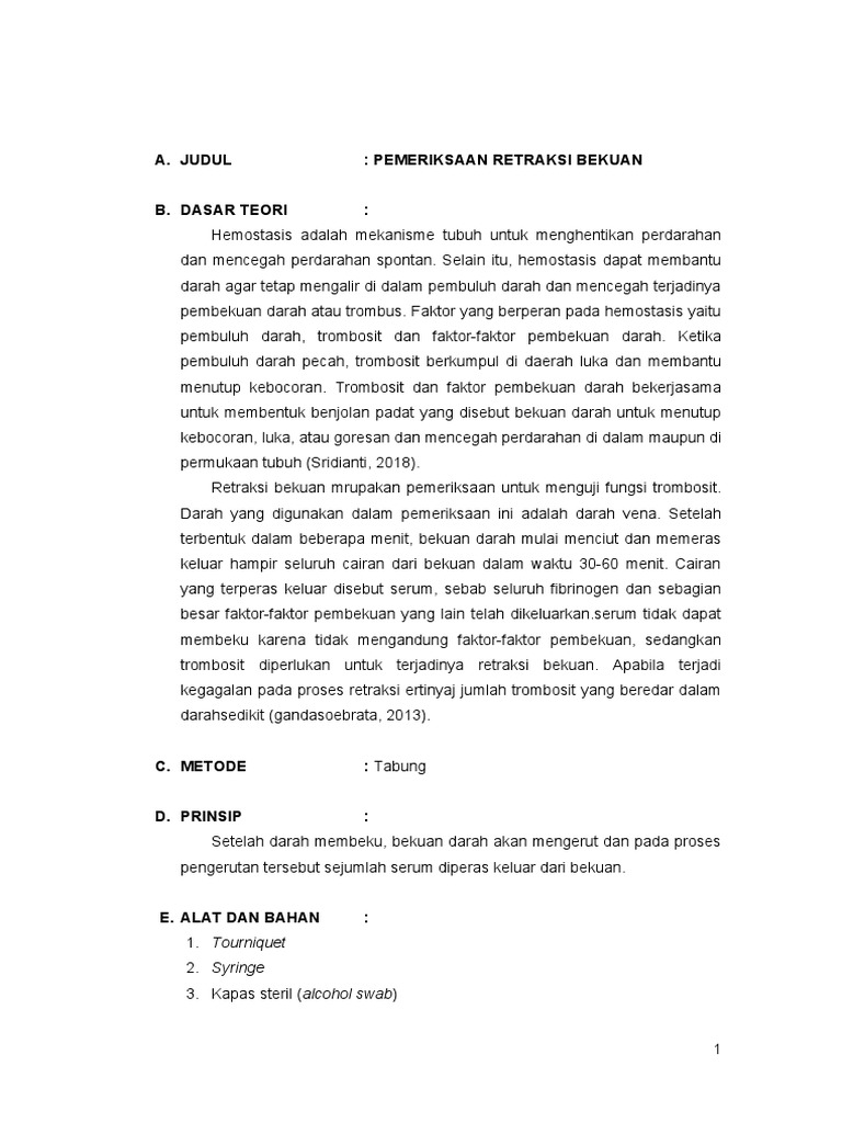 Petunjuk Praktikum Hematologi II Pemeriksaan Retraksi Bekuan Dan Aantal ...