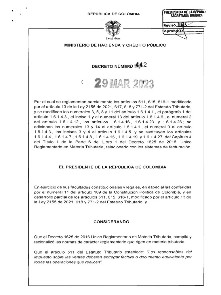 Decreto 442 Del 29-03-2023 (Mod ET y DUR) | PDF | Factura | aduana
