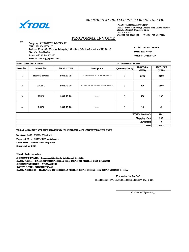 Proforma Invoice AUTOTECH | PDF | Business | Economies