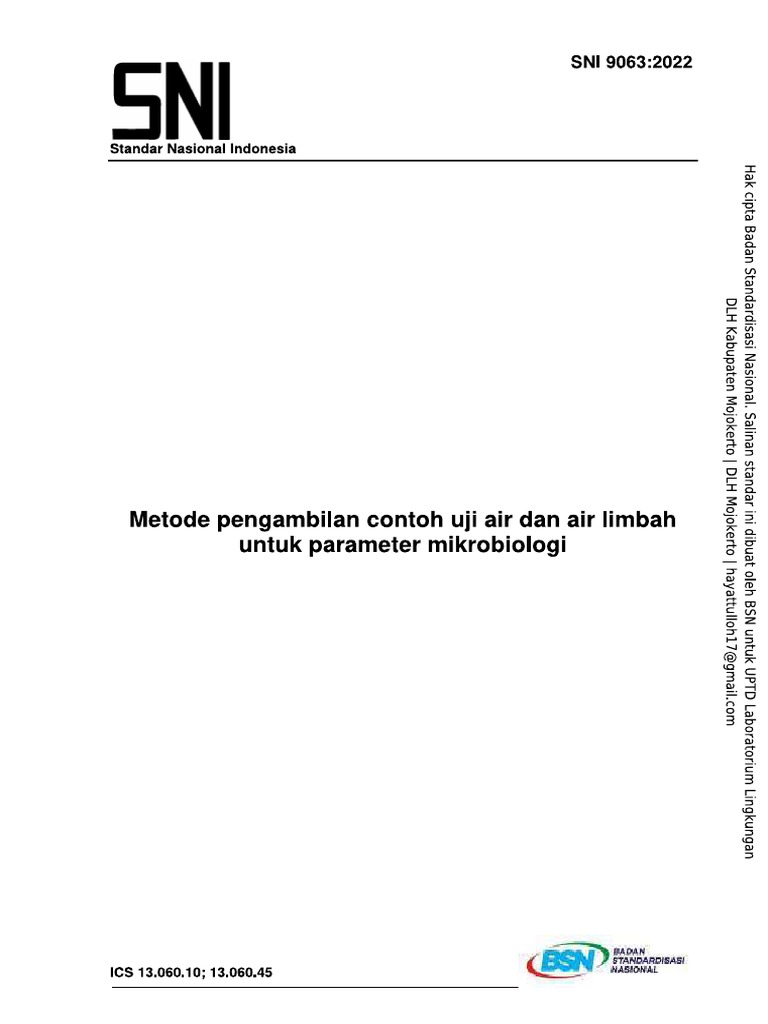 SNI 9063-2022 Metode Pengambilan Contoh Uji Air Dan Air Limbah Untuk Parameter Mikrobiologi | PDF